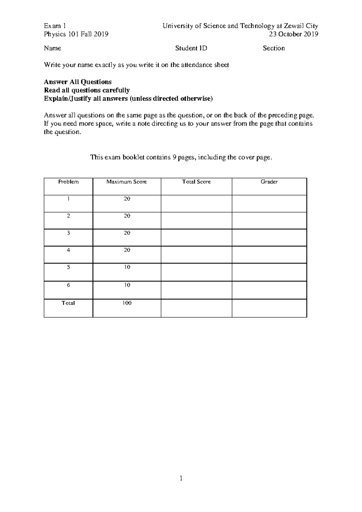 Exam 1 fall 2019 model answers - Physics 101 Fall 2019 2 3 October 2019 Name Student ID Section ...