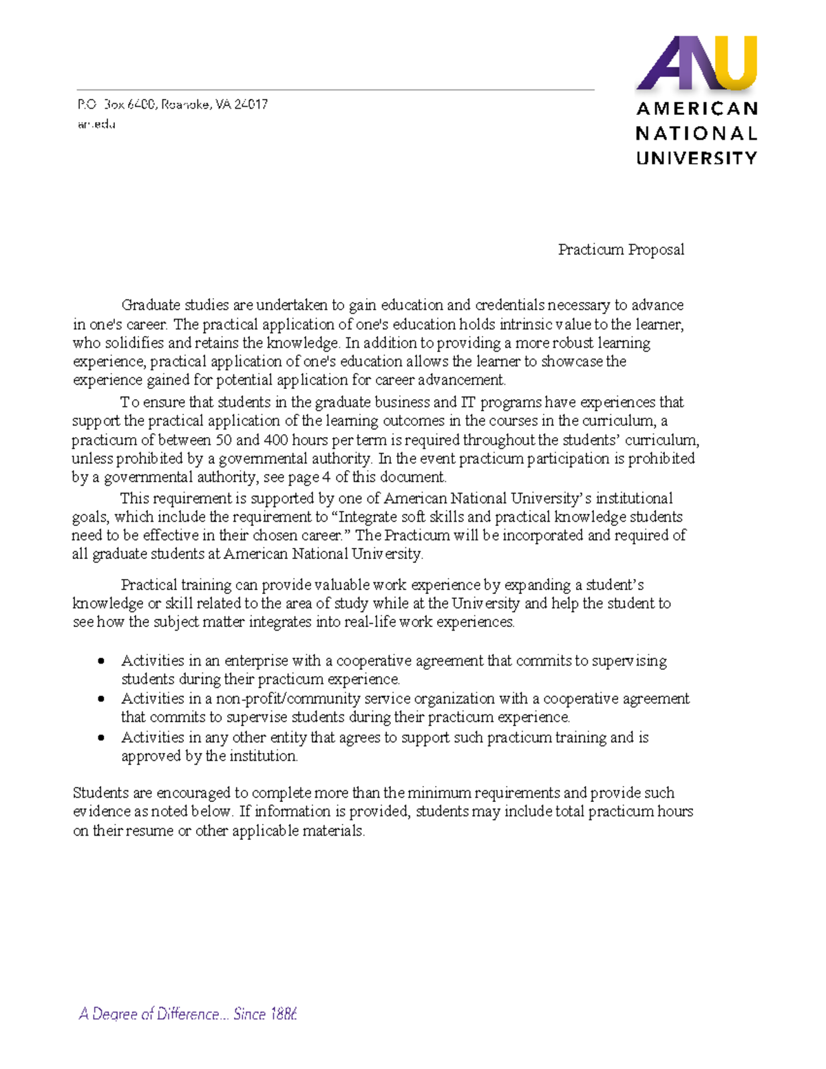 Practicum Proposal form 10262023 - Practicum Proposal Graduate studies are undertaken to gain ...