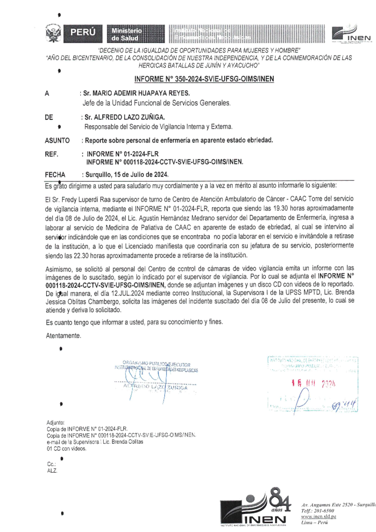 Informe N 350-2024-SVIE-UFSG-OIMS-INEN - PERÚ Ministerio de Salud INEN ...