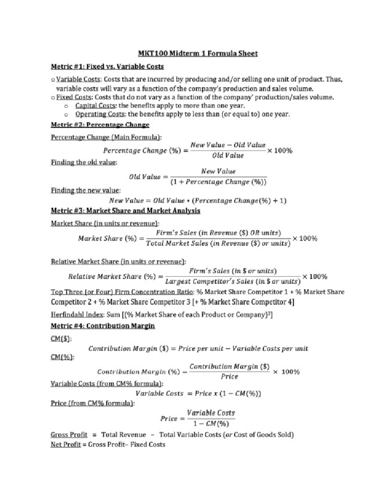 Midterm-Metric-Formula Sheet - MKT100 - Studocu