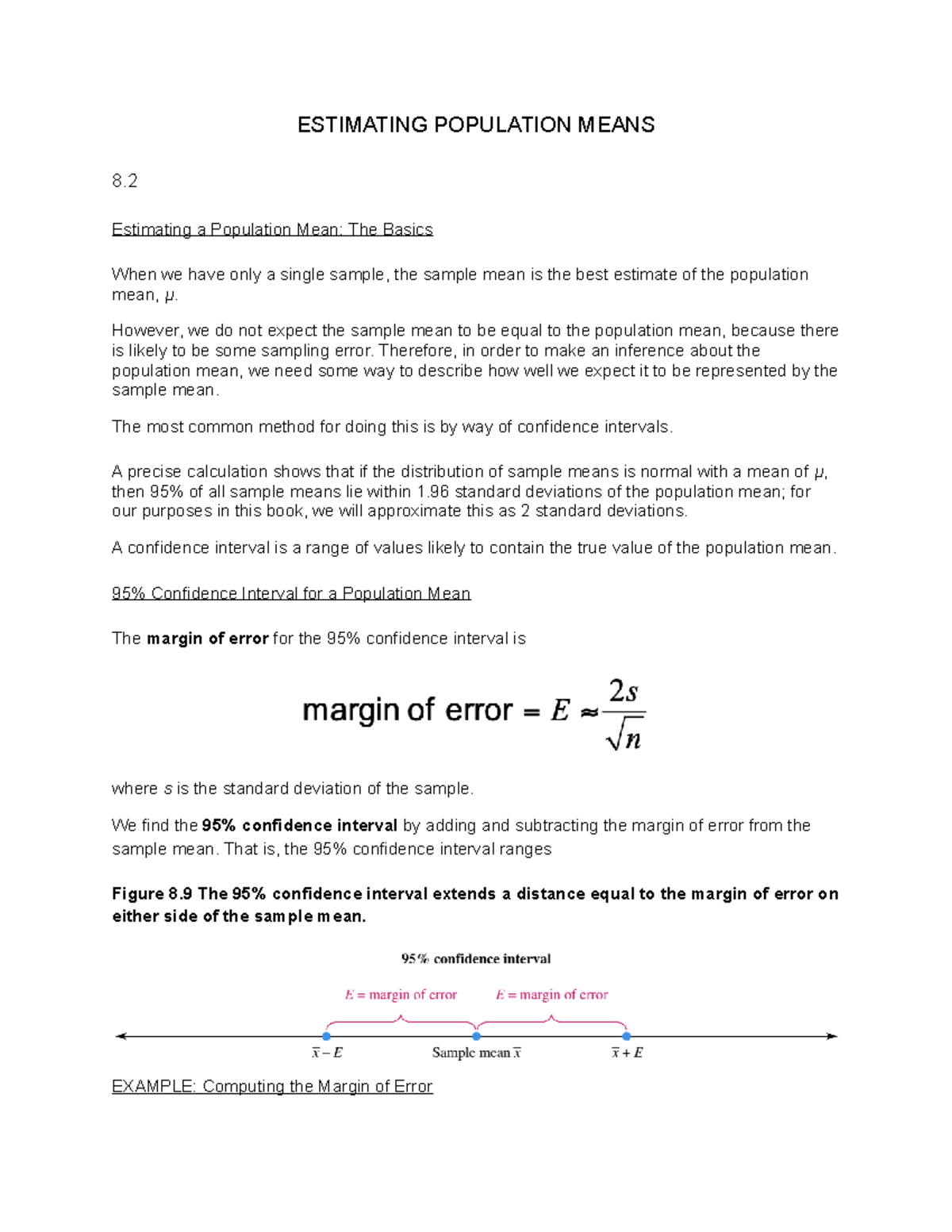 MTH 155 Chapter 8.2 Notes Estimating Population Means - ESTIMATING ...