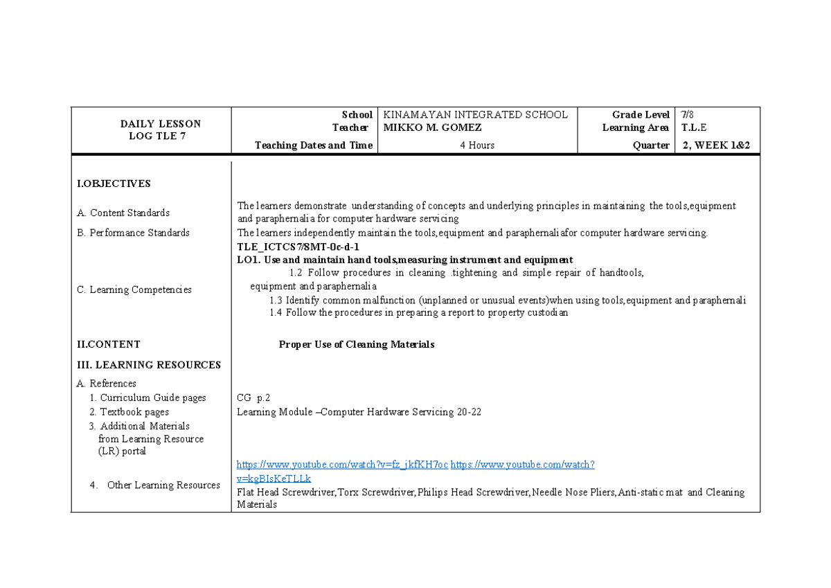 Tle-dll-week-1-and-2 compress - DAILY LESSON LOG TLE 7 School Teacher ...