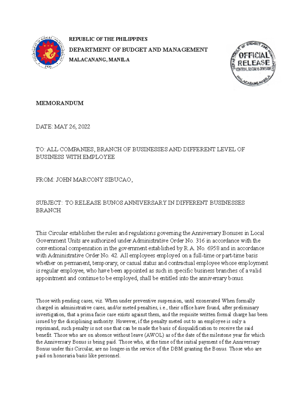 Memorandum - REPUBLIC OF THE PHILIPPINES DEPARTMENT OF BUDGET AND ...