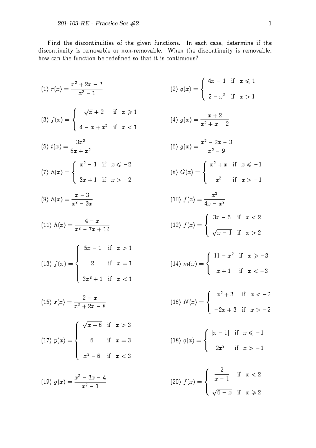 Practice Problems Continuity 201 103 Re Practice Set 2 1 Find The