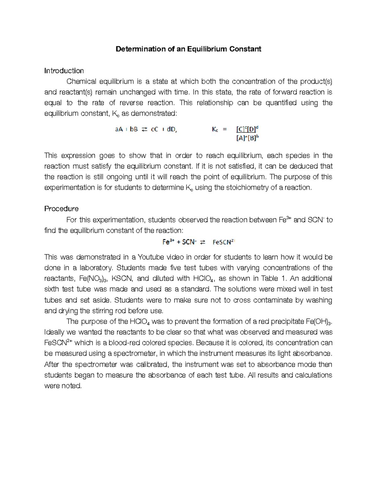 Chemistry II Lab Report: Determination of an Equilibrium Constant ...