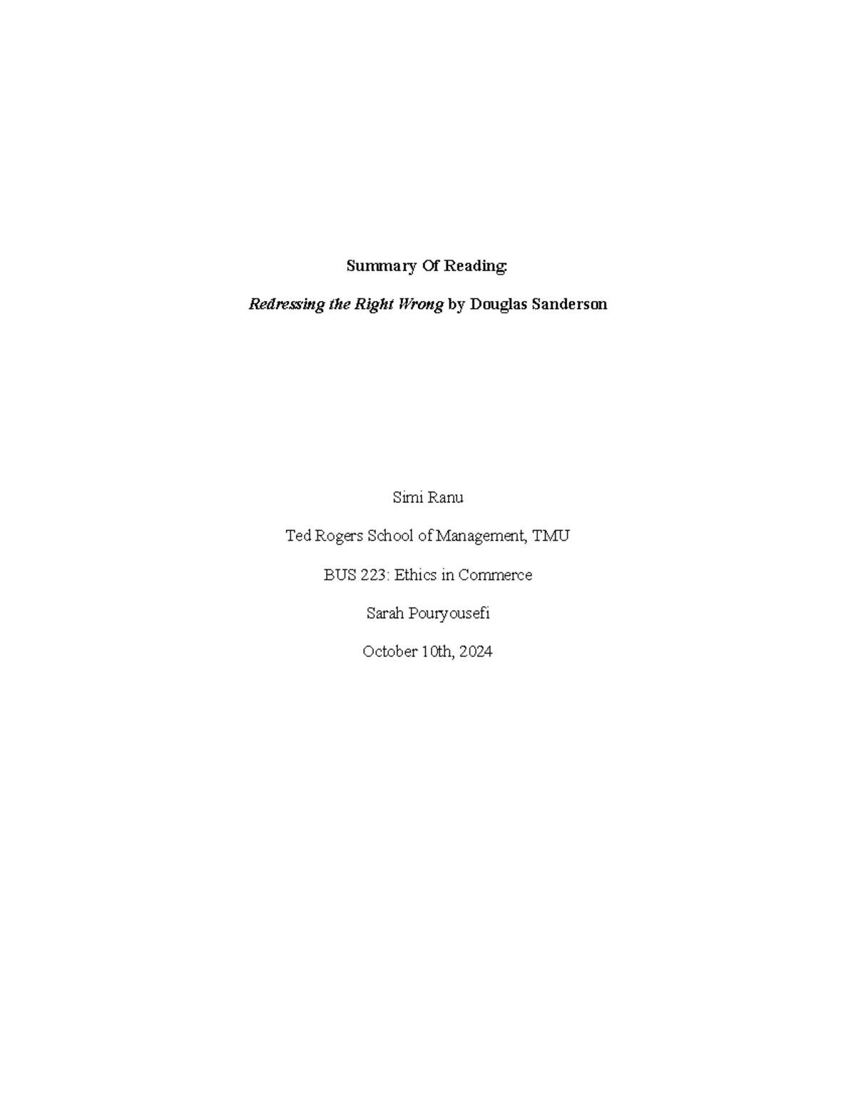 BUS 223 Summary of Reading Assignment - Summary Of Reading: Redressing ...