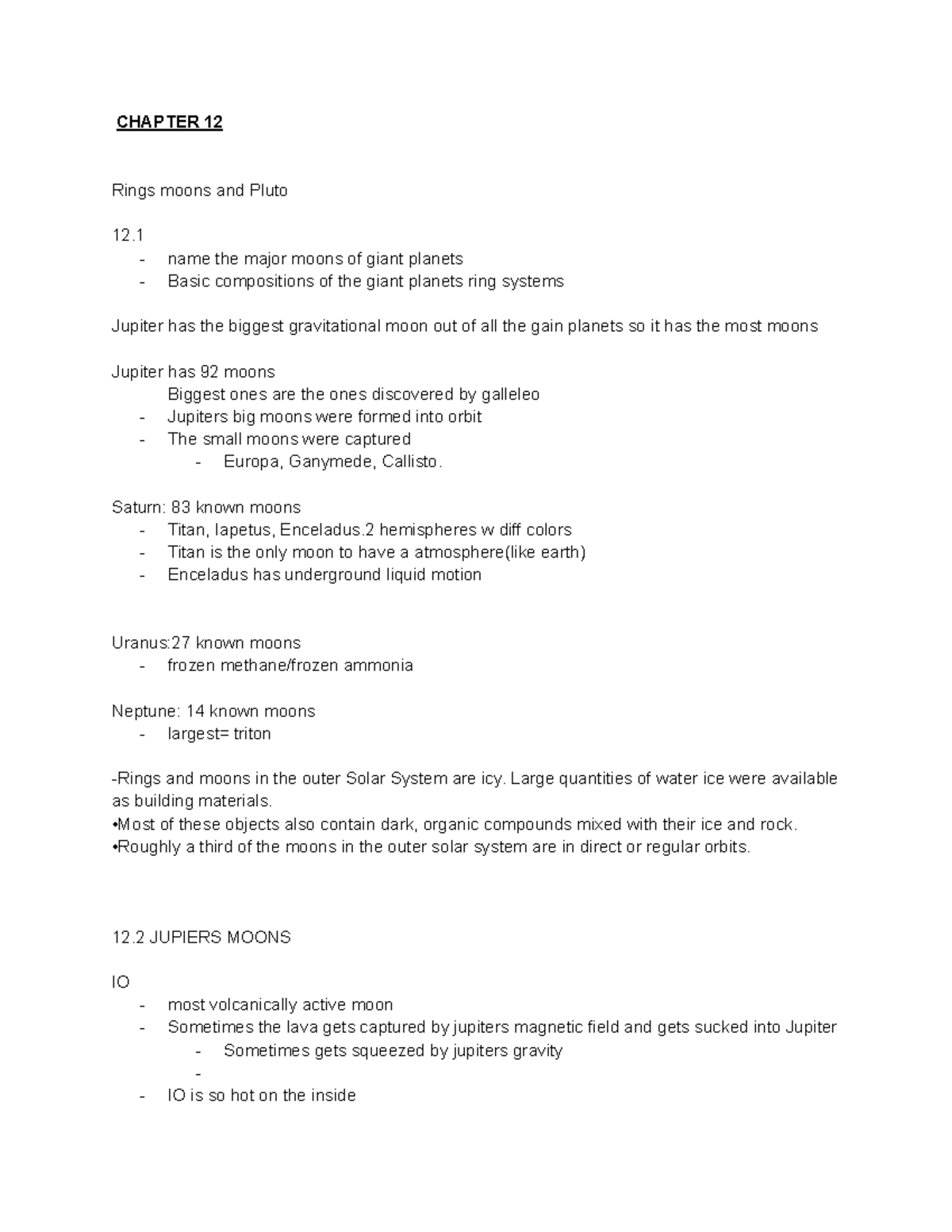 Chapter 12 notes - CHAPTER 12 Rings moons and Pluto name the major ...