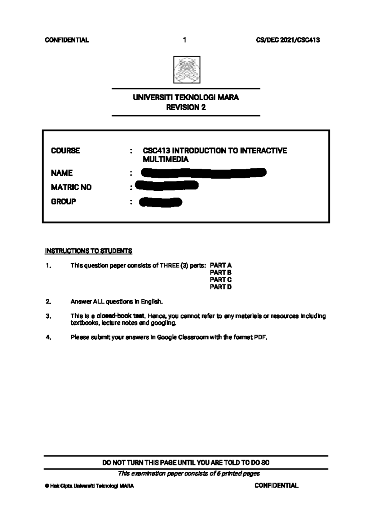 Revision 2 CSC413 - UNIVERSITI TEKNOLOGI MARA REVISION 2 COURSE : CSC413 INTRODUCTION TO ...