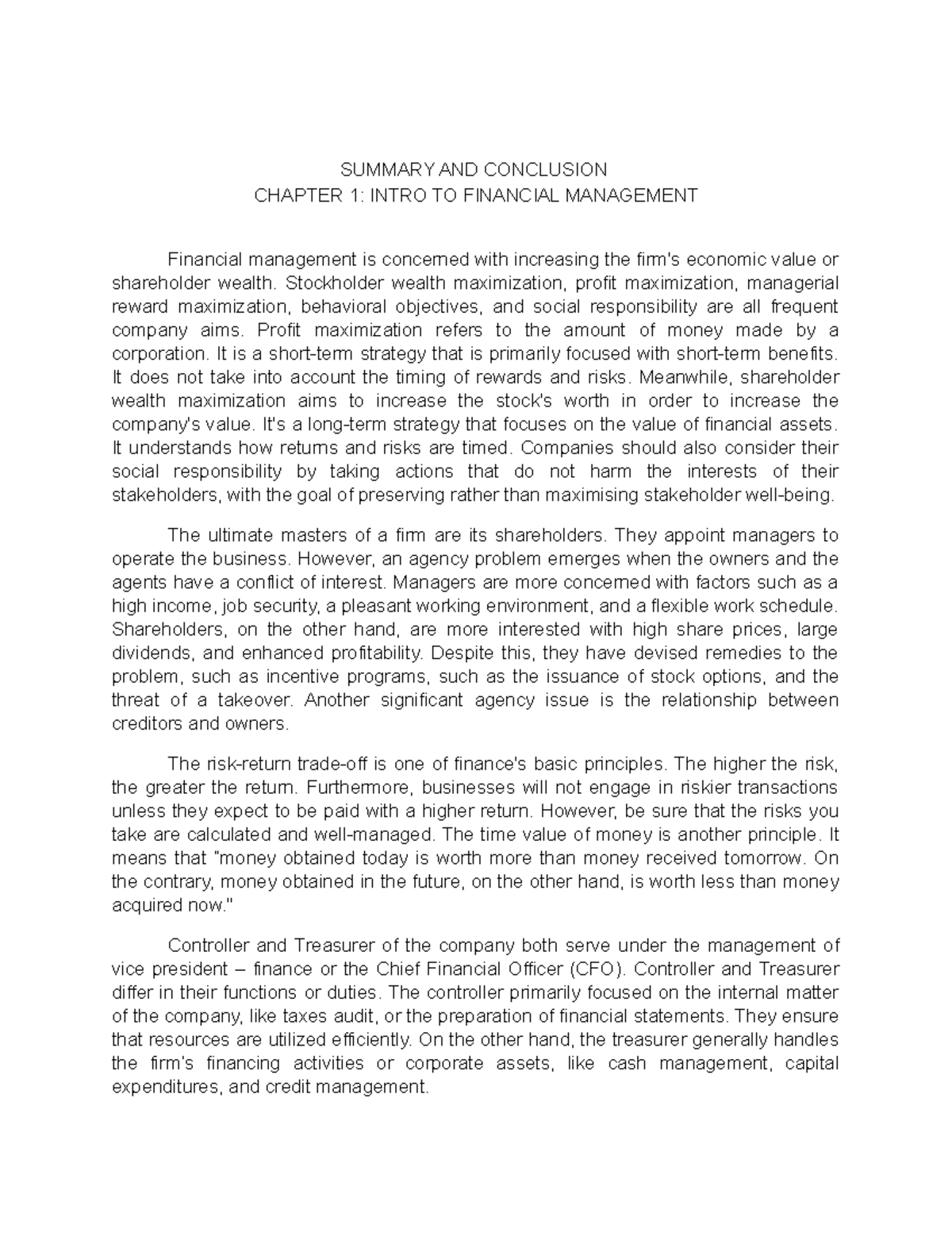 Financial Management CH01 Intro to Financial Mgnt - SUMMARY AND ...