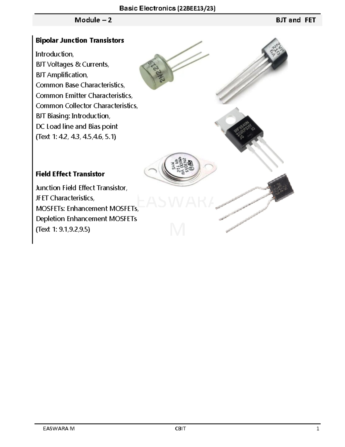 BBEE103 Basic Electronics Module-2 - EASWARA M Module – 2 BJT and FET ...