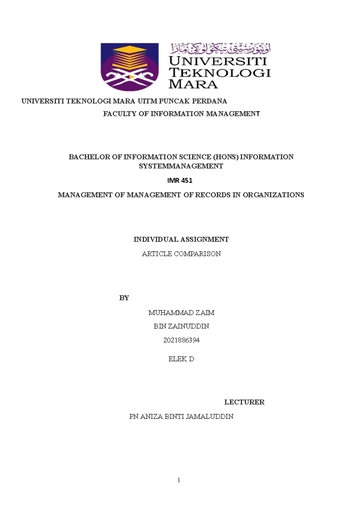 Assignment Individual - Article Comparison - 1 UNIVERSITI TEKNOLOGI ...