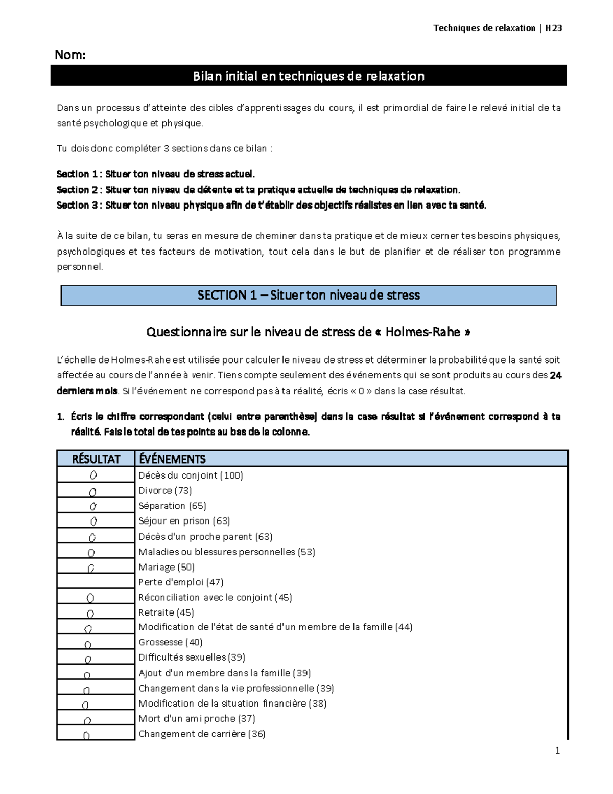 Bilan initial- Relaxation H23 - Nom: Bilan initial en techniques de ...