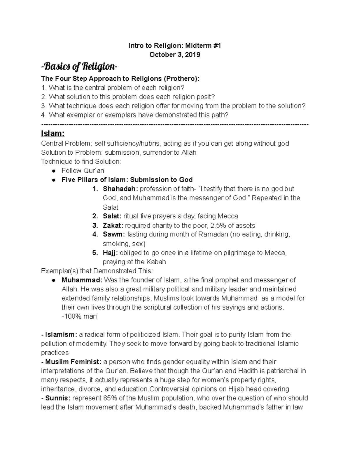 RN100 Intro to Religion Oct Midterm - Intro to Religion: Midterm ...