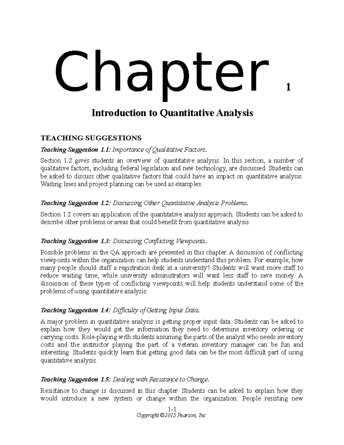 Rshh qam12 ism ch01 - Chapter 1 Introduction to Quantitative Analysis TEACHING SUGGESTIONS ...