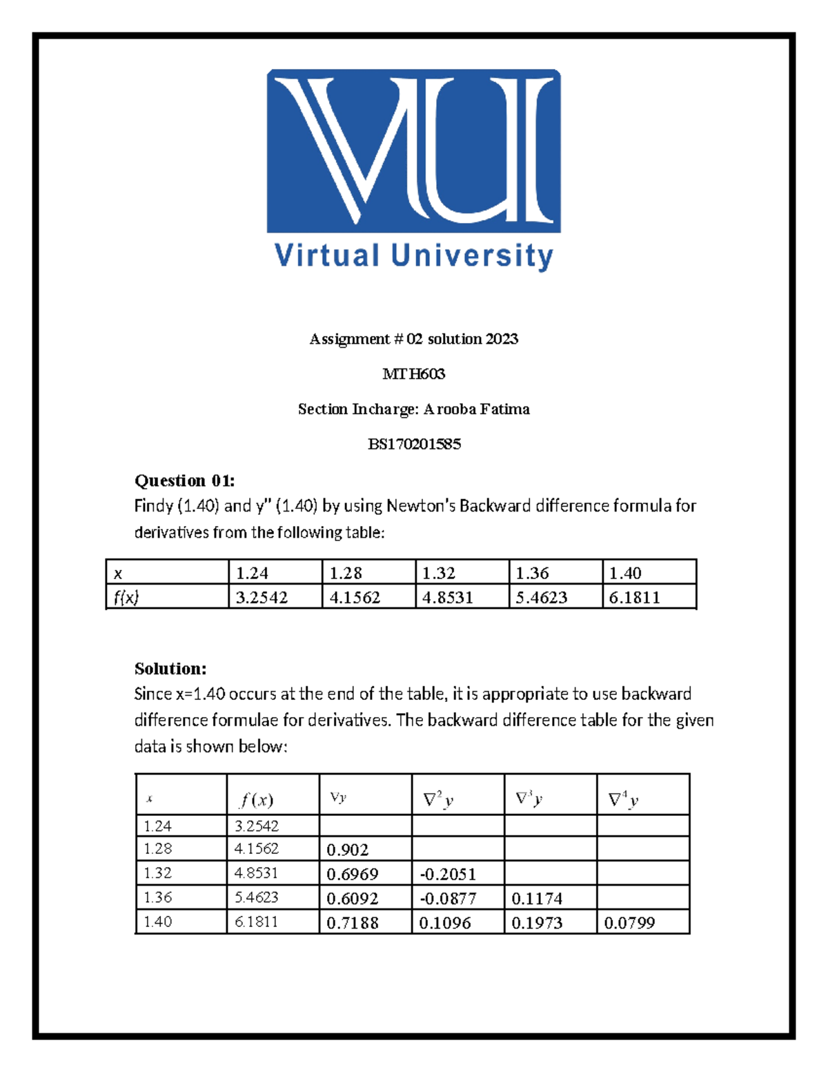 Arooba Fatima MTH603 Solution - Assignment # 02 solution 2023 MTH Section Incharge: Arooba ...