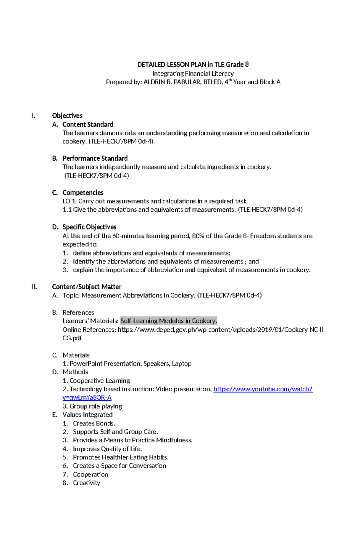 Arts LP - DETAILED LESSON PLAN in TLE Grade 8 Integrating Financial ...