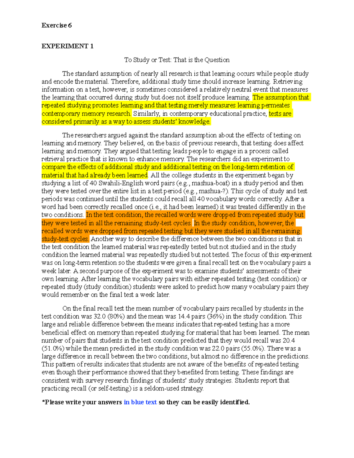 Exercise 06 ch3 - EXPERIMENT 1 To Study or Test: That is the Question ...