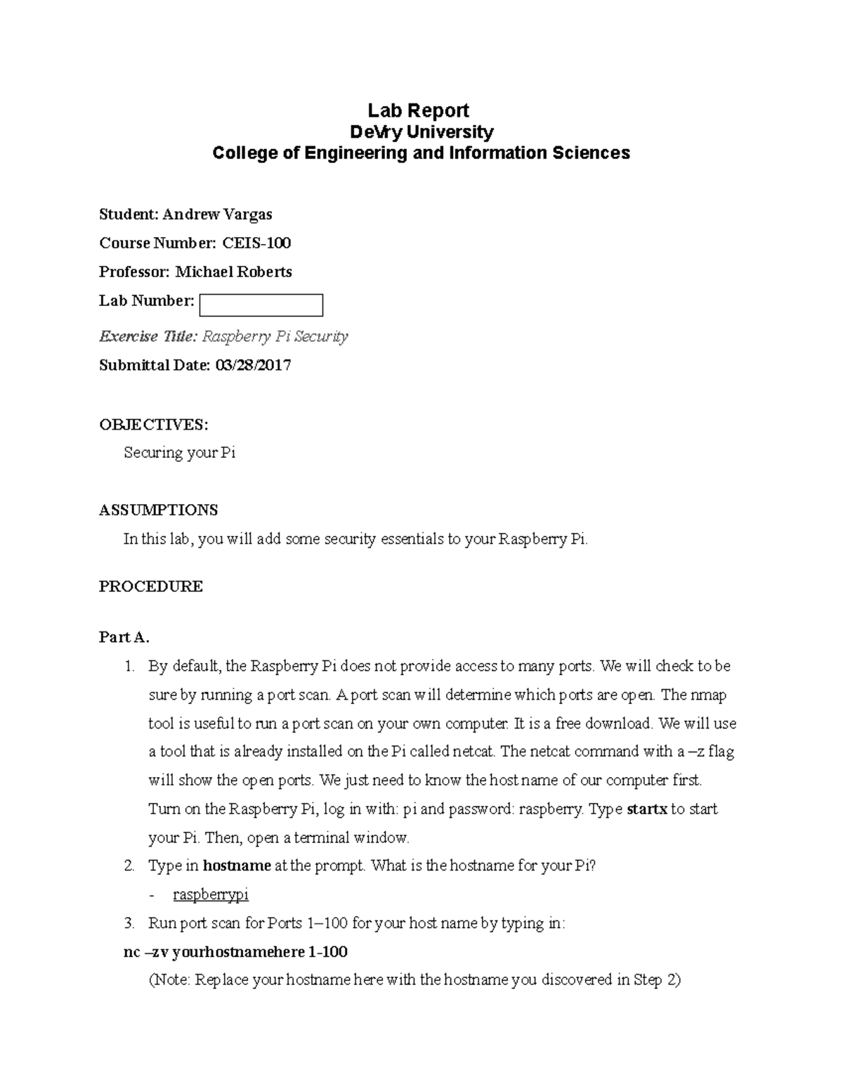 Lab05 - Raspberry Pi Security - Lab Report DeVry University College of Engineering and ...