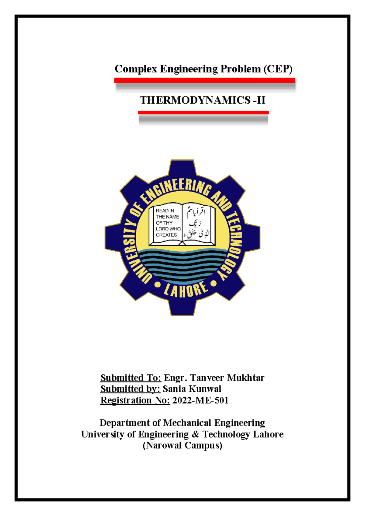 12222222 - Submitted To: Engr. Tanveer Mukhtar Submitted by: Sania ...