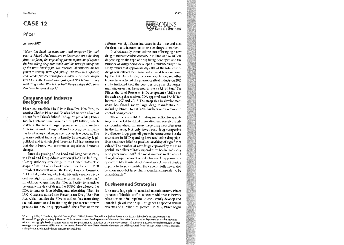 Case 12 Pfizer CS case - Case Study - BUS 4385 - Studocu