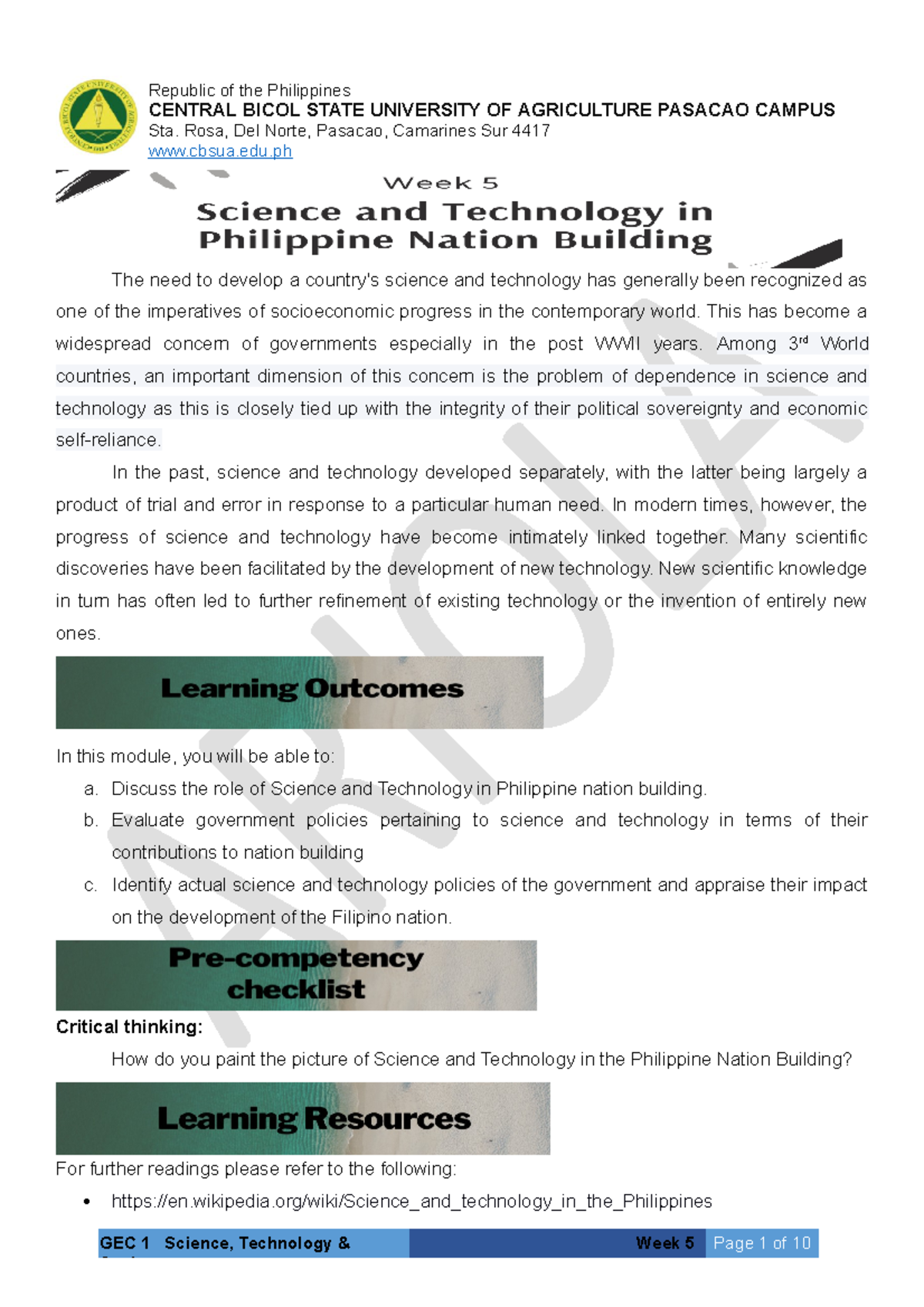 STS In Philippine Nation Building Republic Of The Philippines CENTRAL