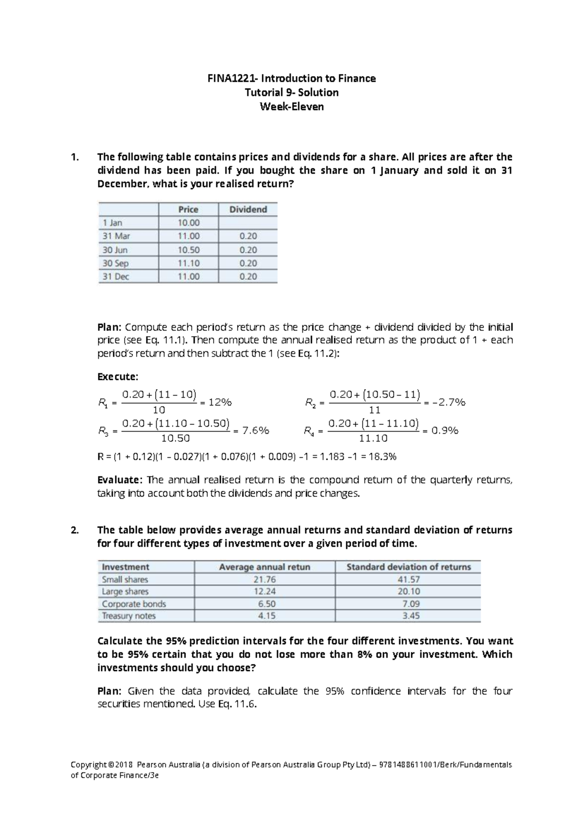FINA1221 Wk11 Tut9 solution - Copyright ©2018 Pearson Australia (a ...