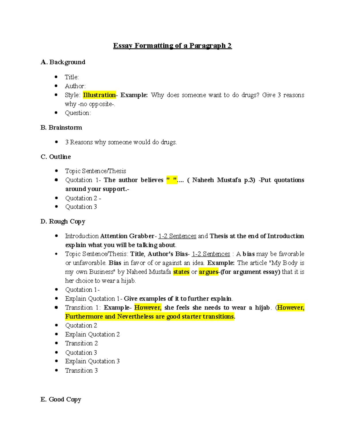 Essay Formatting of a Paragraph - Background Title: Author: Style ...