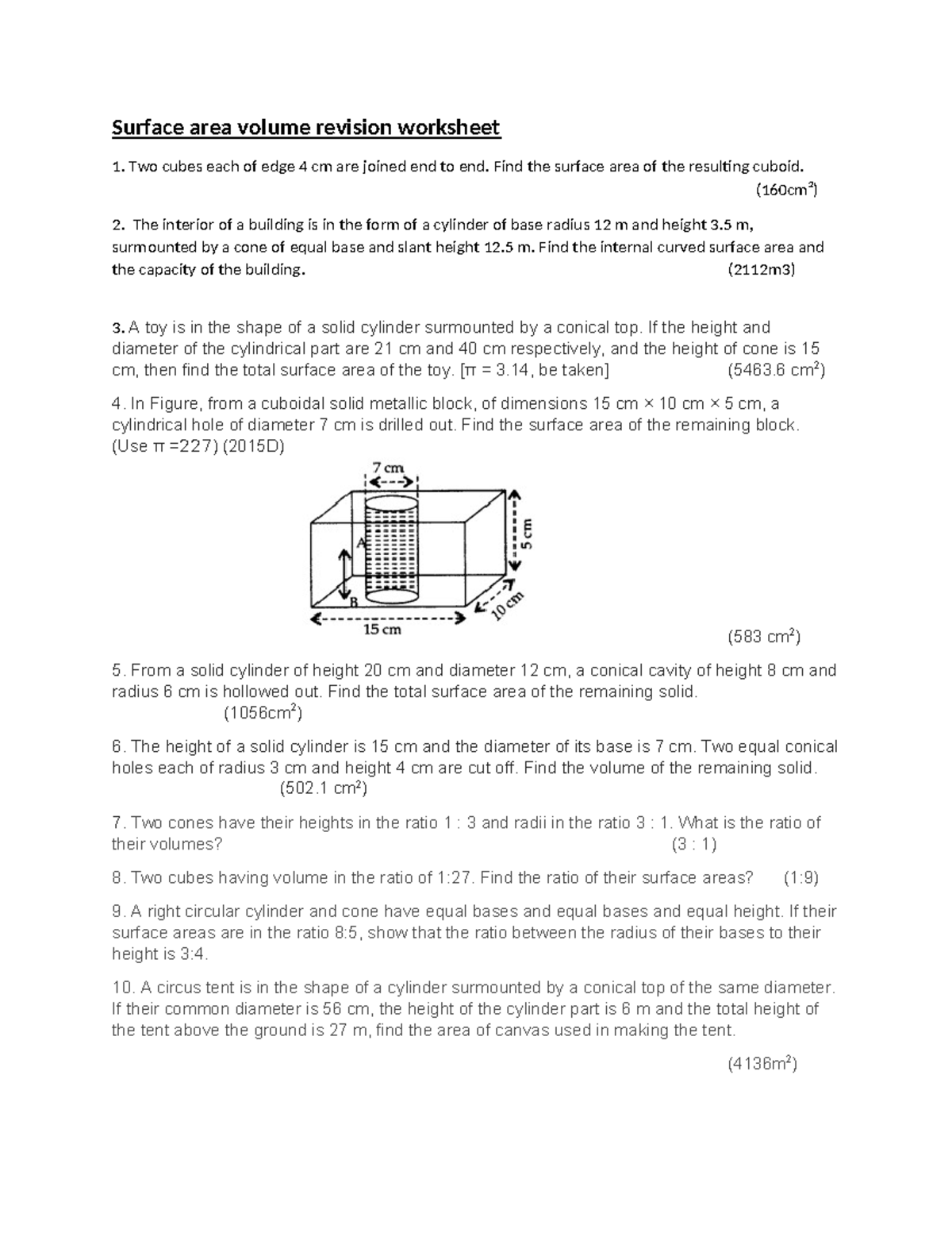 Surface area volume revision worksheet - Find the surface area of the ...