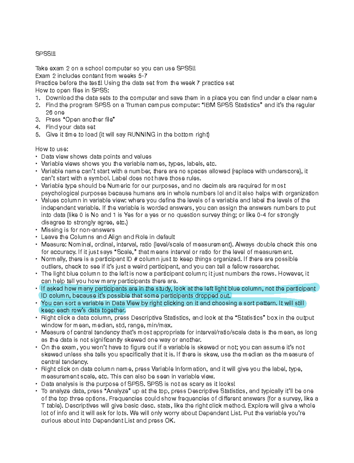 PSYC266 notes on using SPSS - SPSS!!! Take exam 2 on a school computer ...