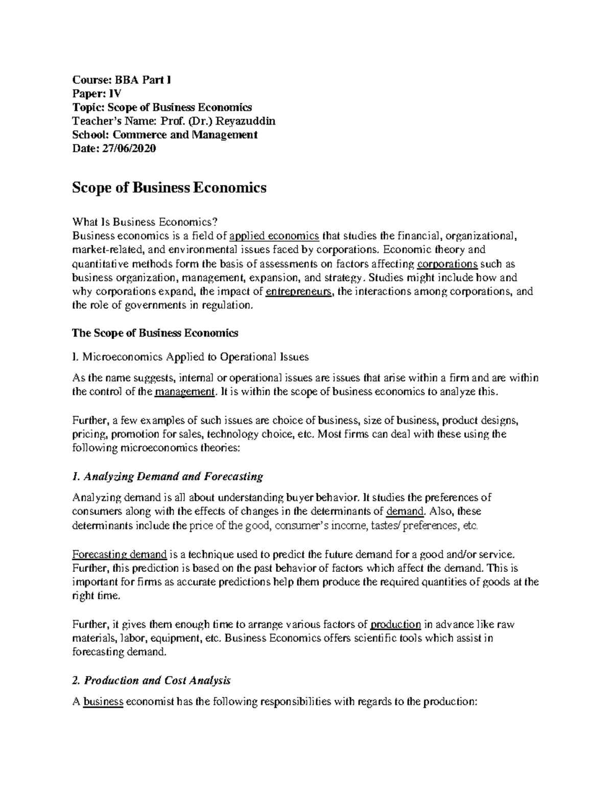 Scope of Business Economics-converted (1) - Course: BBA Part I Paper ...