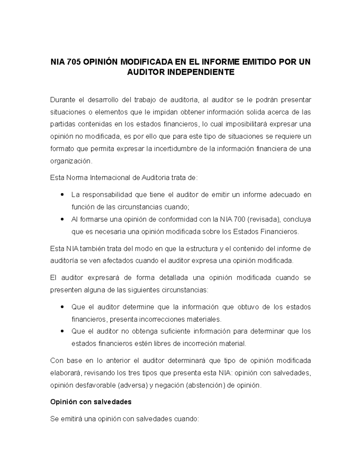 Ensayo NIA 705 del IMCP - NIA 705 OPINIÓN MODIFICADA EN EL INFORME EMITIDO POR UN AUDITOR - Studocu