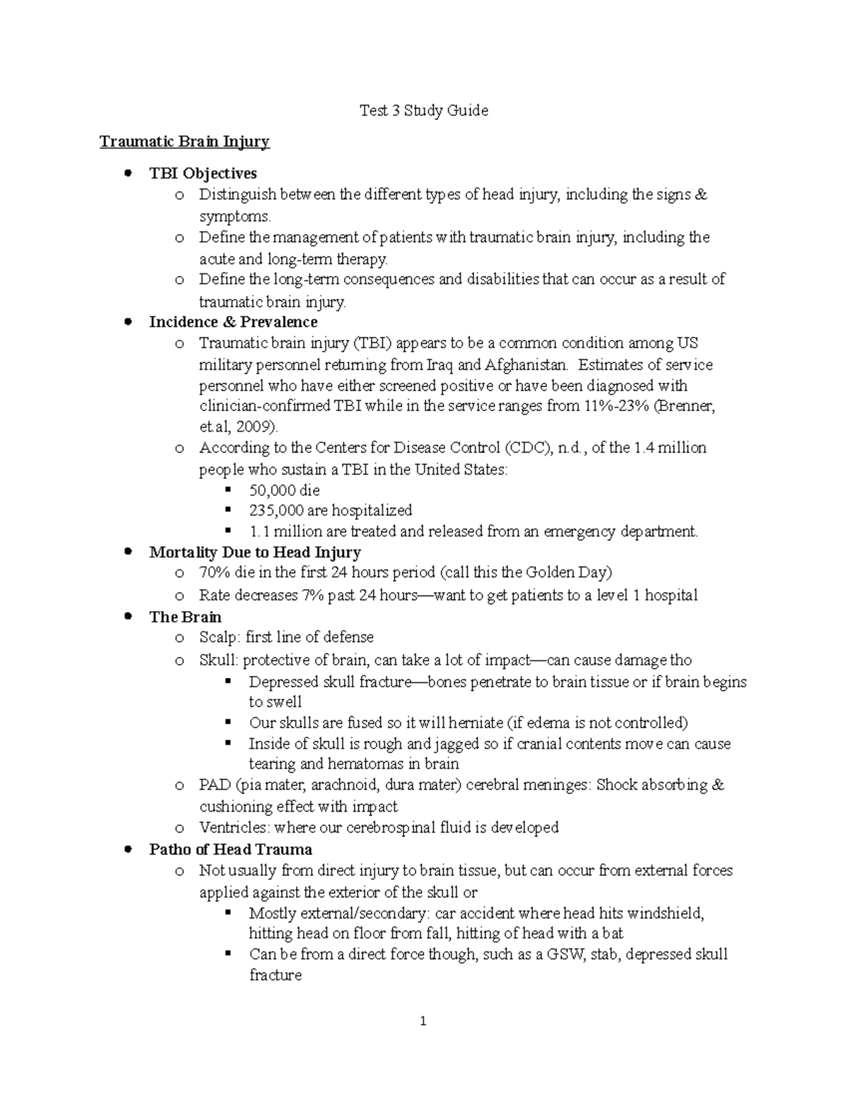 Test 3 Study Guide - Test 3 Study Guide Traumatic Brain Injury TBI ...