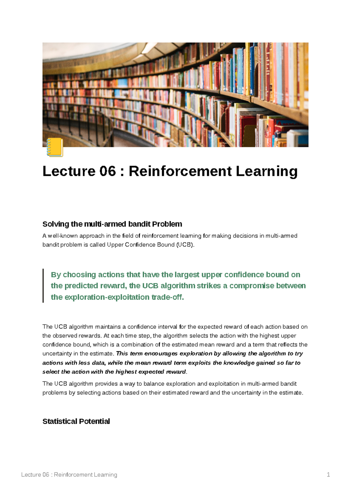 Lecture 6 - 📒 Lecture 06 : Reinforcement Learning Solving the multi ...