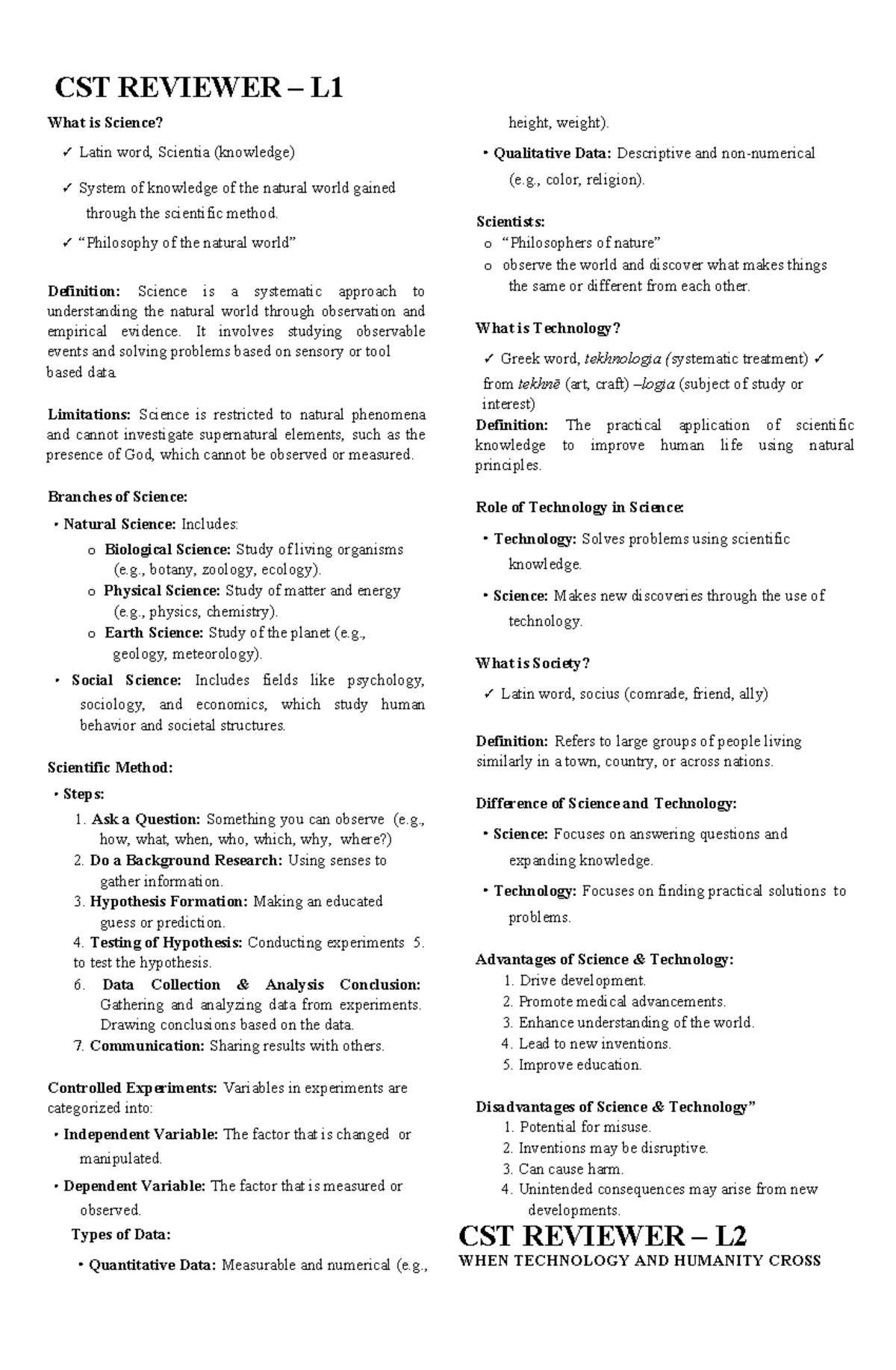 CST- Reviewer - lesson 1 - CST REVIEWER – L What is Science? Latin word, Scientia (knowledge ...