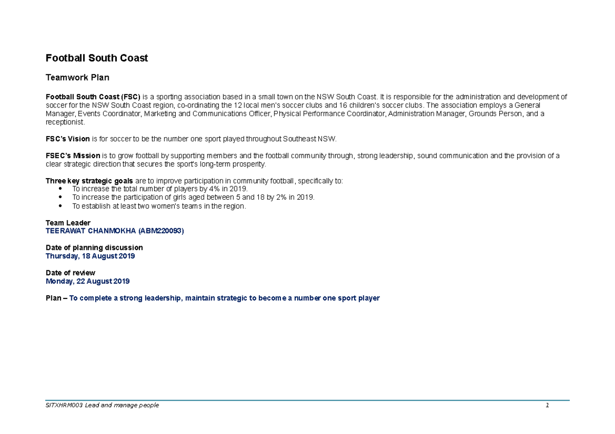 Draft Team Work Plan ( Teerawat-ABM22009 3) - Football South Coast ...