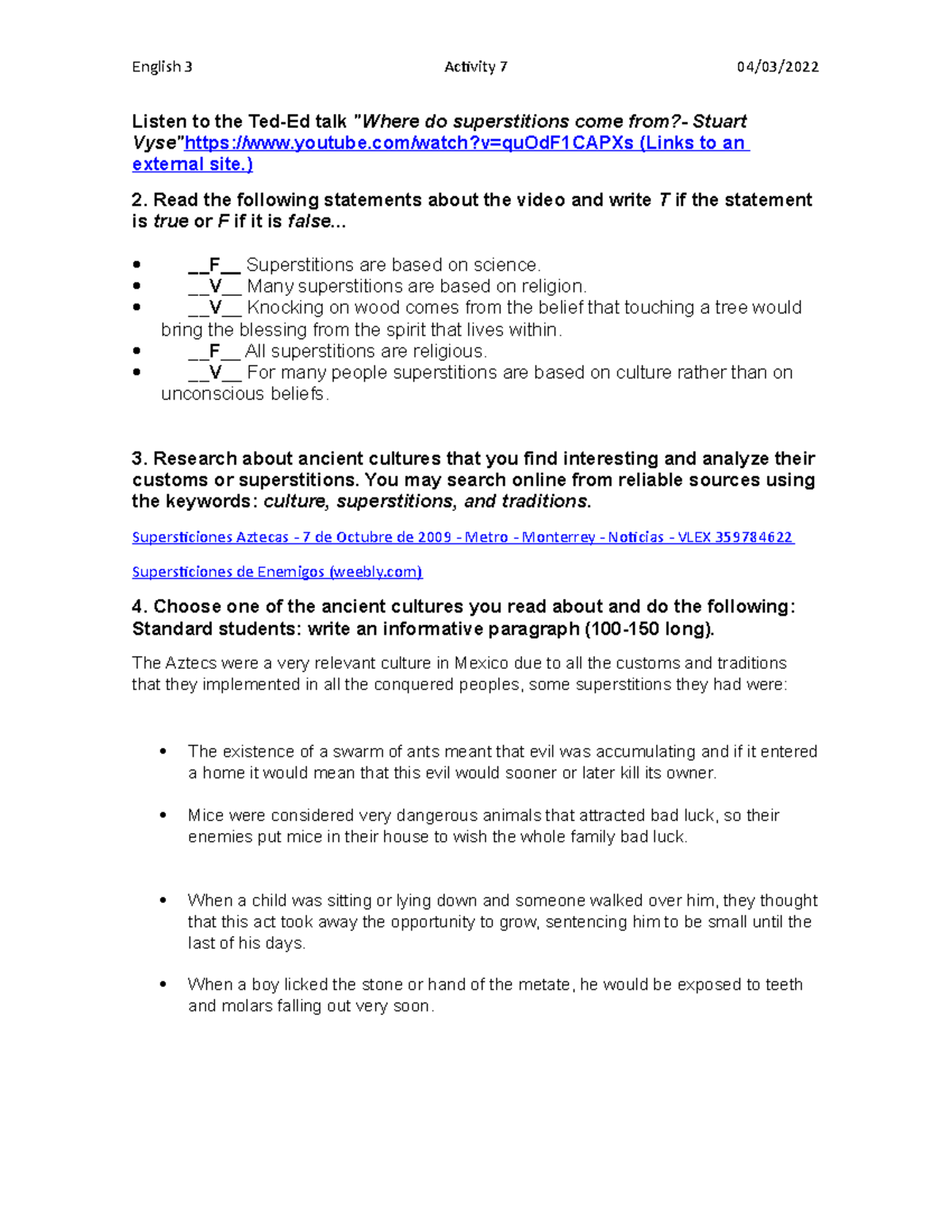 Activity 7 - Actividad 7 - English 3 Activity 7 04/03/ Listen to the ...