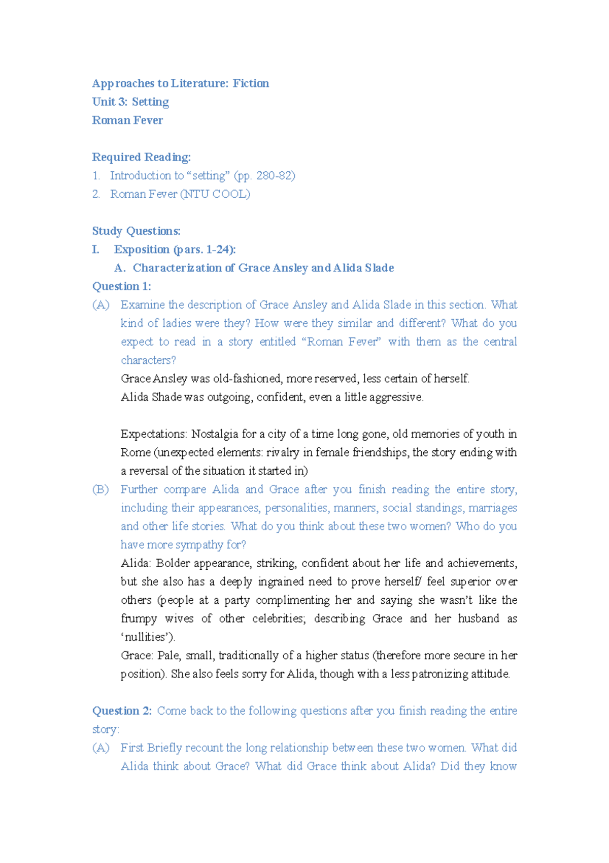 Unit 3 Setting Roman Fever - Approaches to Literature: Fiction Unit 3 ...