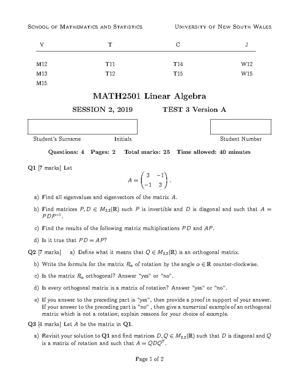 Test-3A-2019 - Past paper for test 3. - School of Mathematics and ...