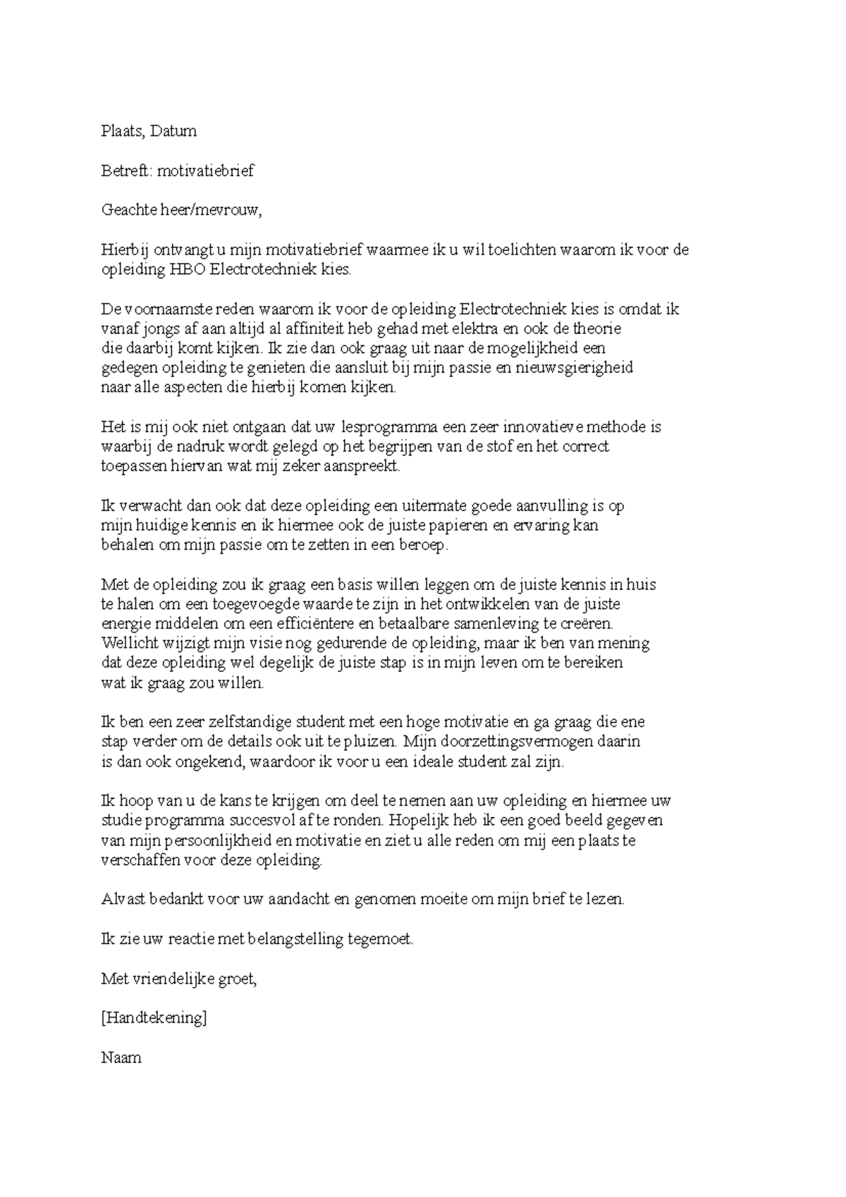 Motivatiebrief-opleiding-voorbeeld - Plaats, Datum Betreft ...