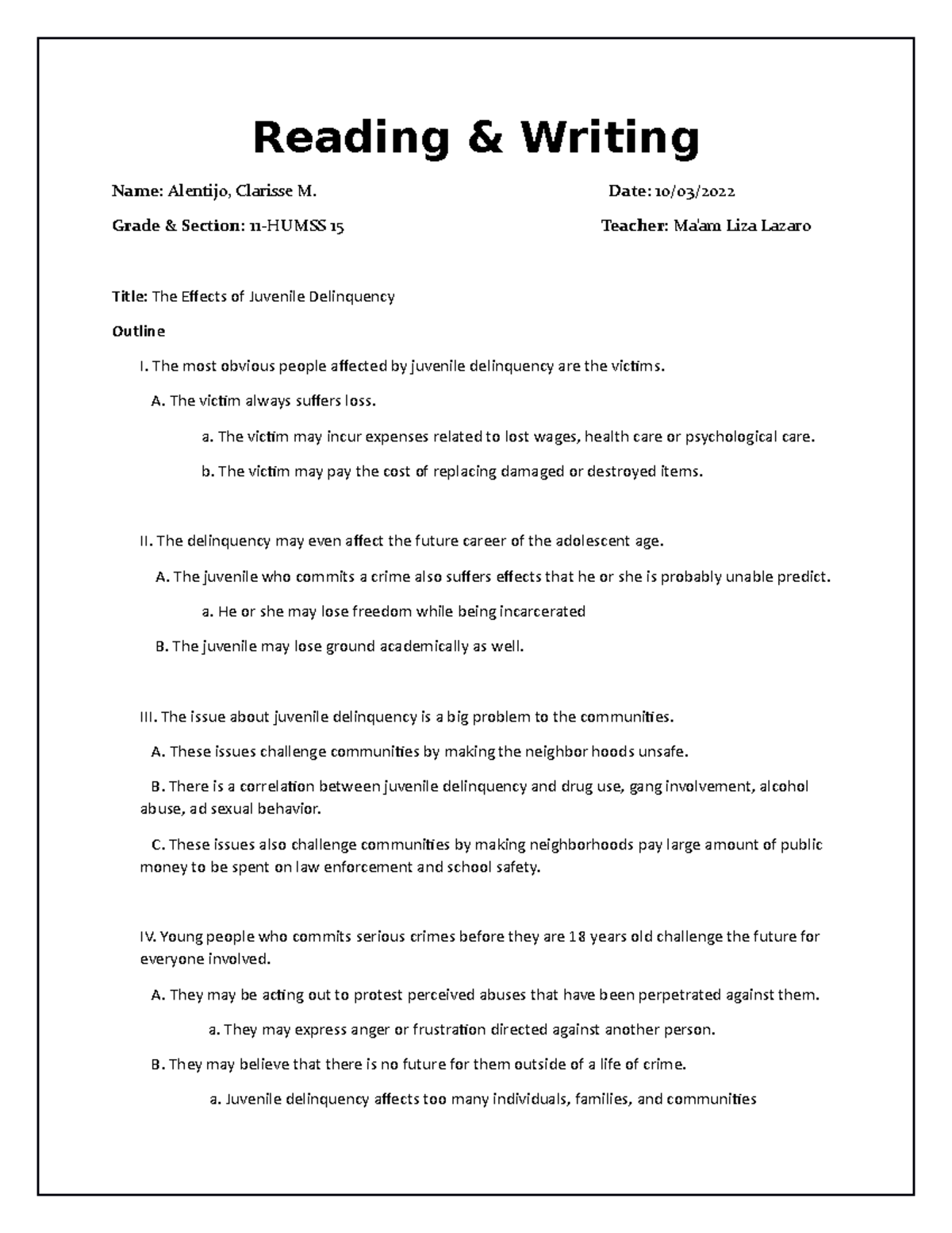 Reading and Writing Outline for todays lesson - Reading & Writing Name ...