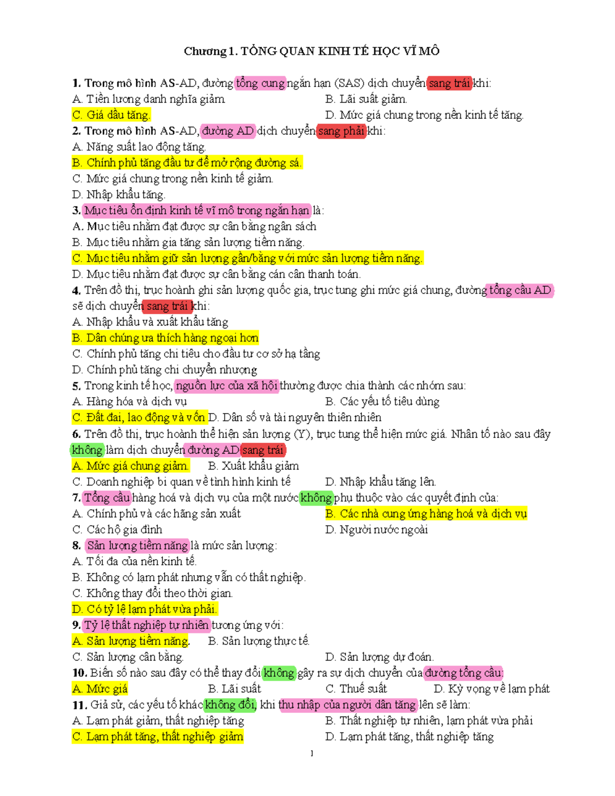 Dapan-Baitap KTVM 1 - ktvm - Chương 1. TỔNG QUAN KINH TẾ HỌC VĨ MÔ 1. Trong mô hình AS-AD, đường ...