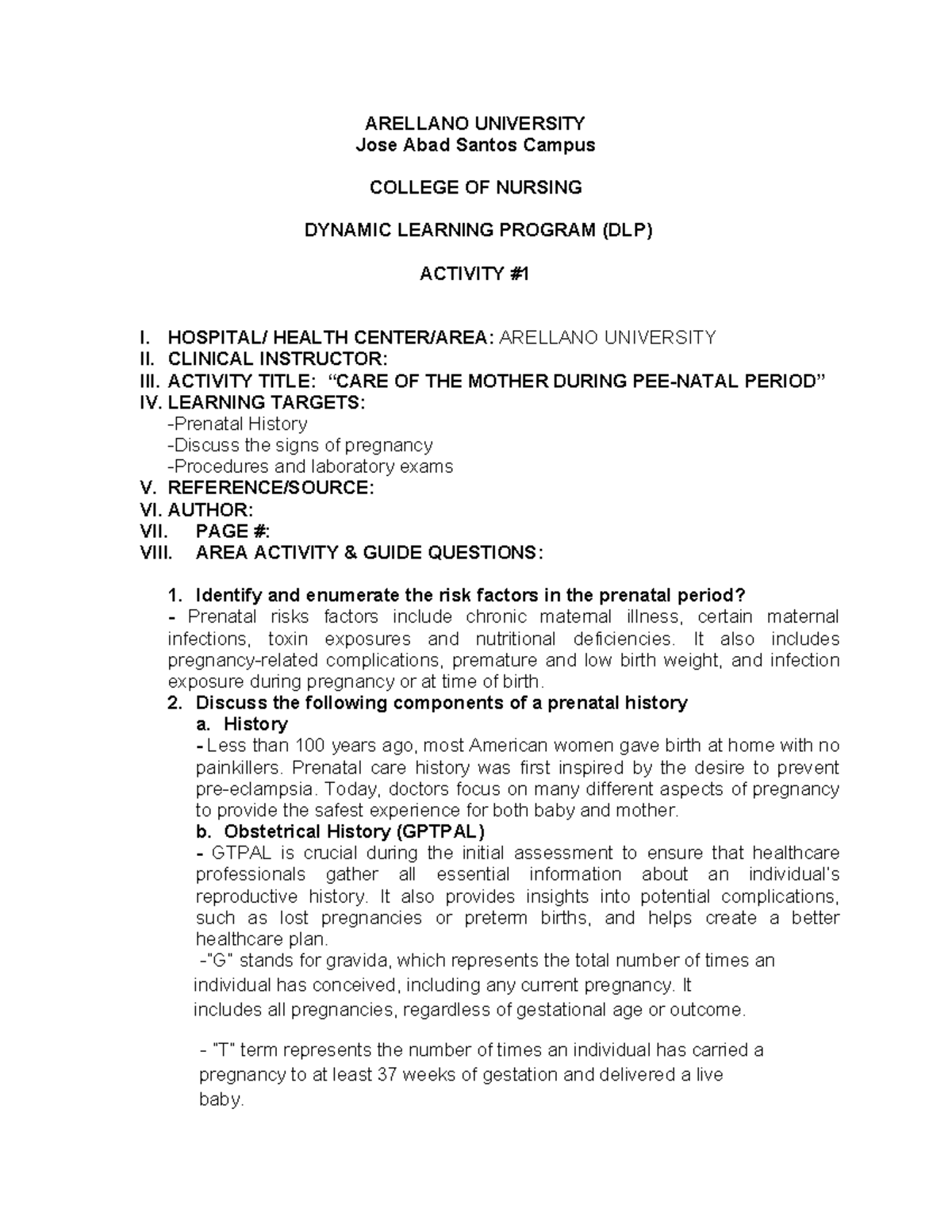 CARE OF THE Mother During PERI Natal Period - ARELLANO UNIVERSITY Jose ...