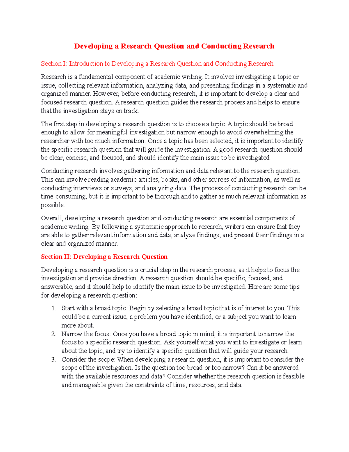 Developing a Research Question and Conducting Research - It involves ...