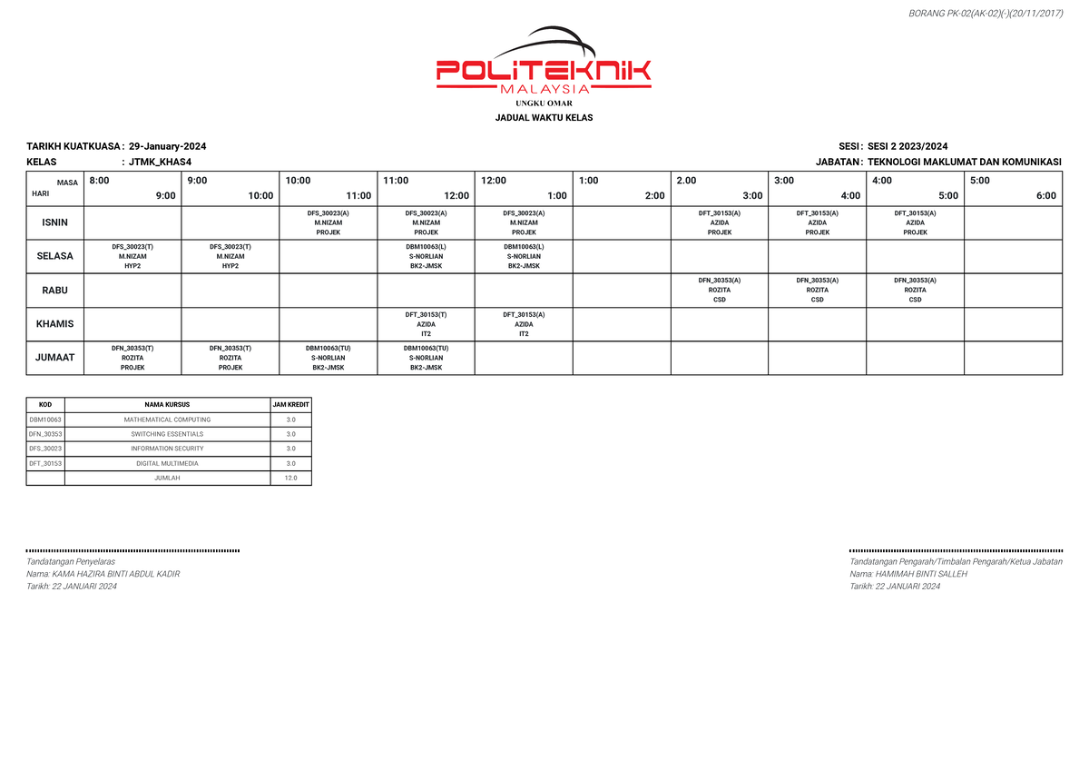 Jadual Kelas JTMK KHAS4 - JADUAL WAKTU KELAS TARIKH KUATKUASA : 29 ...