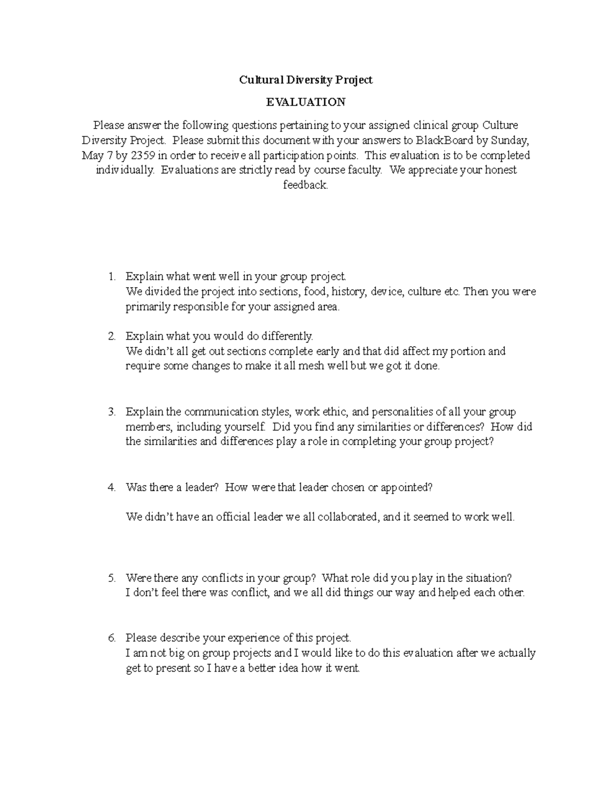 Cultural Diversity Project Evaluation DCM - Cultural Diversity Project ...