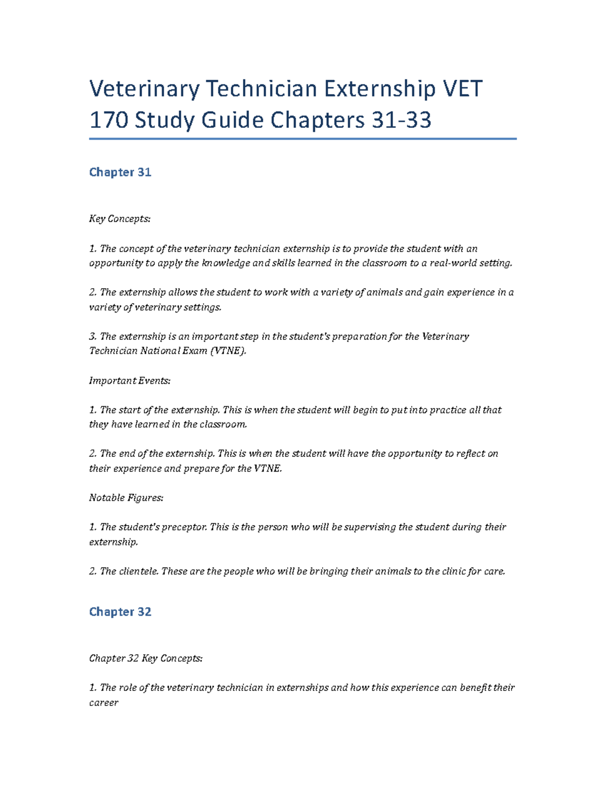 Veterinary Technician Externship VET 170 Study Guide Chapters 31-33 ...