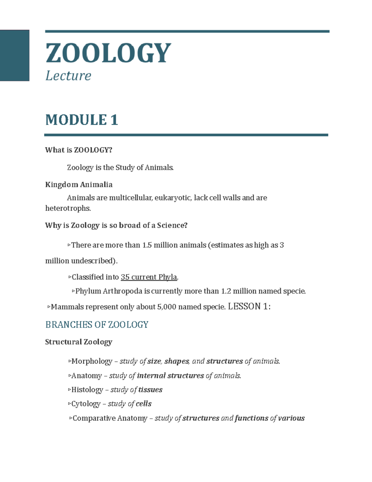 ZLEC Reviewer M1-M3 - Zoology Lecture - Module 1-3 - MODULE What is ...