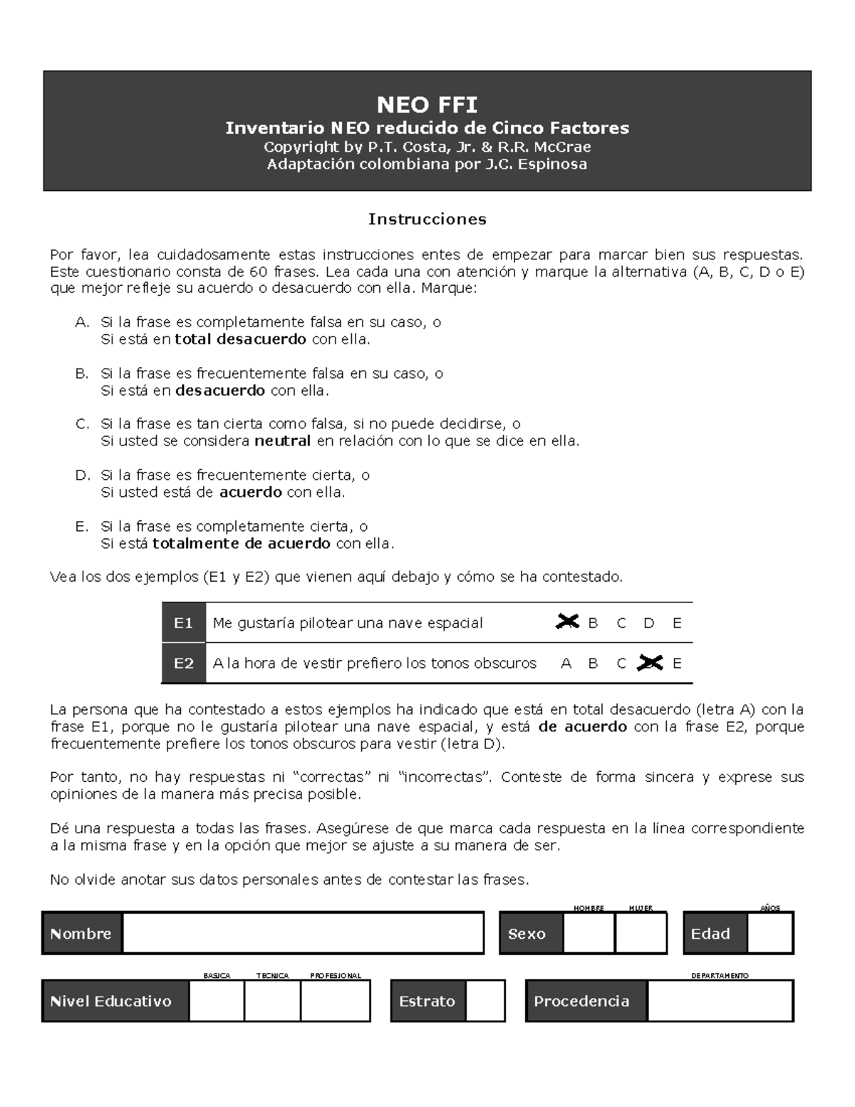 Cuestionario neo-ffi - NEO FFI Inventario NEO reducido de Cinco ...