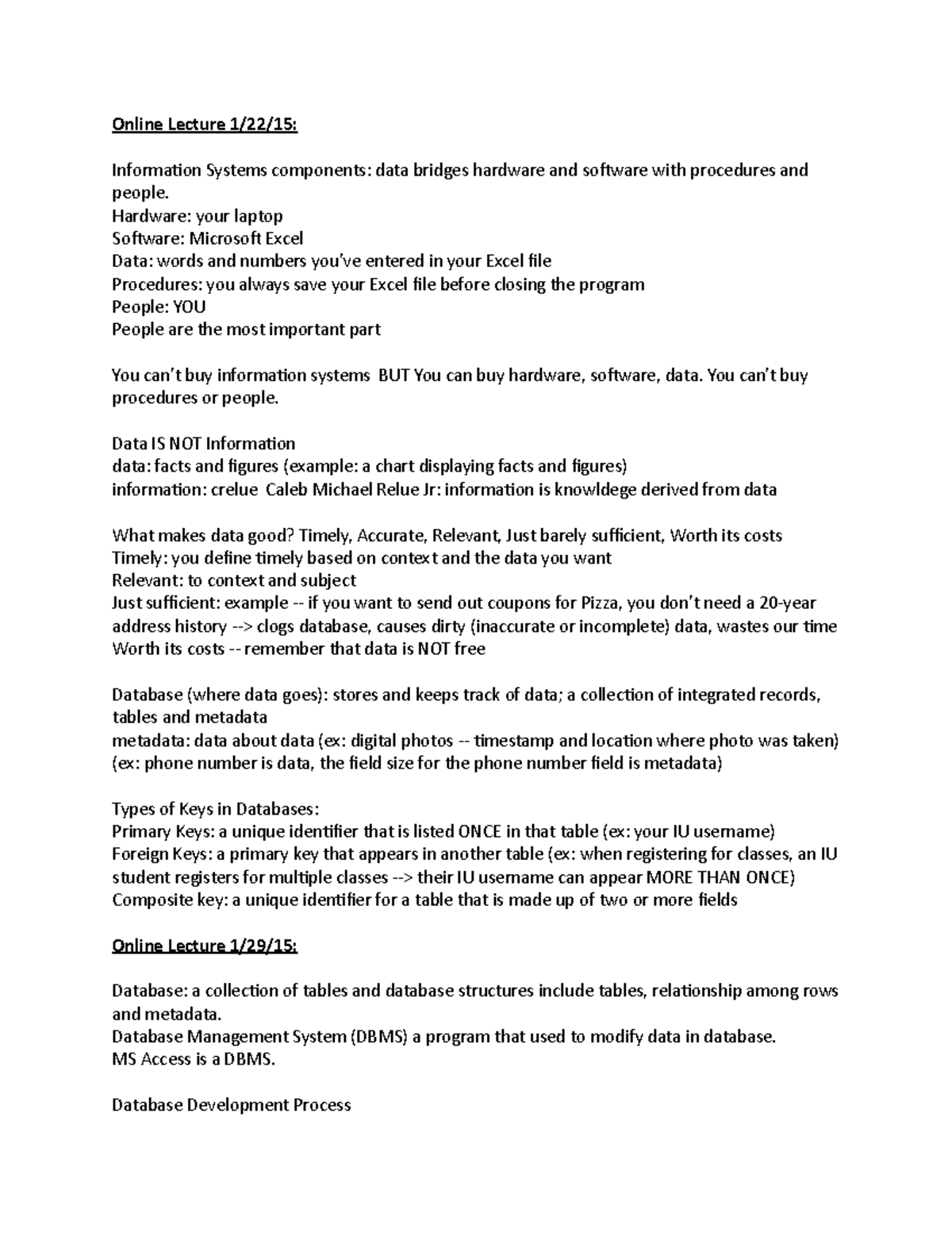 Lecture Notes - Online Lecture 1/22/15: Information Systems components ...