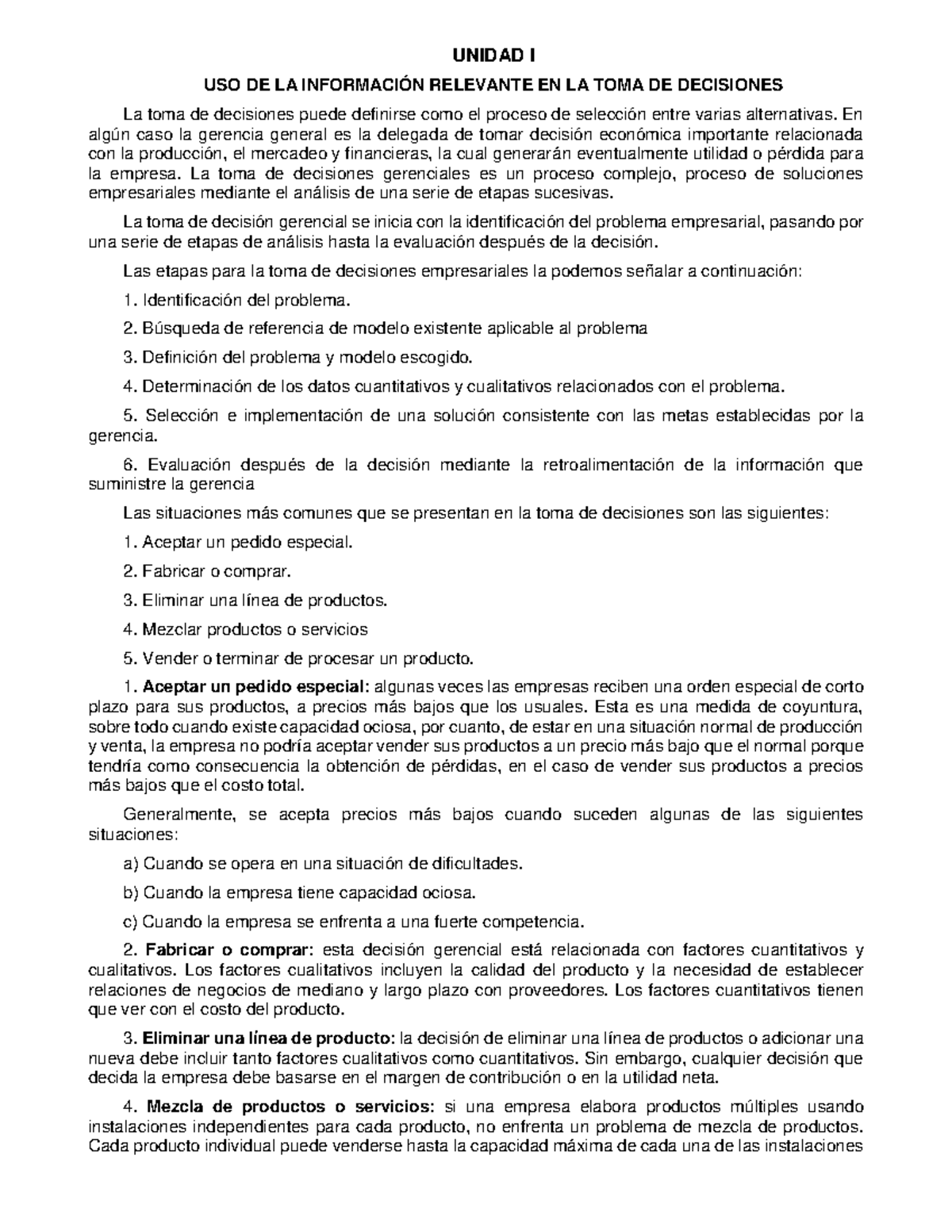 USO DE LA Información Relevante EN LA TOMA DE Decisiones - UNIDAD I USO ...